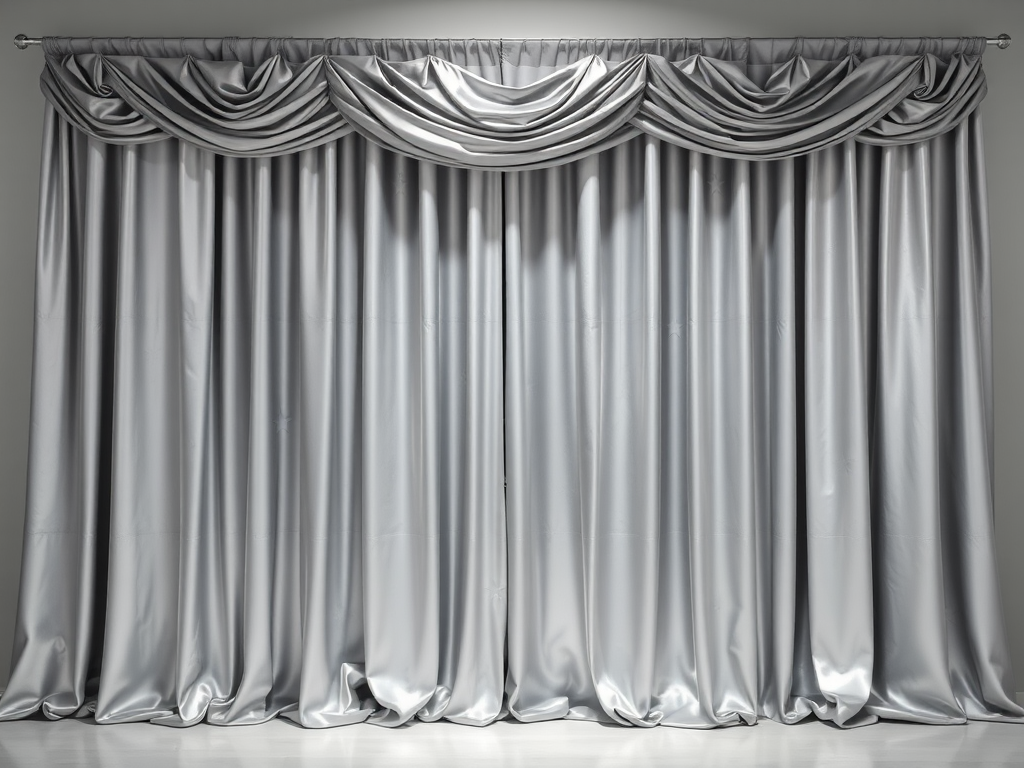 Elegant Silver Drapes with Cascading Pleats for Stylish Interior Décor.