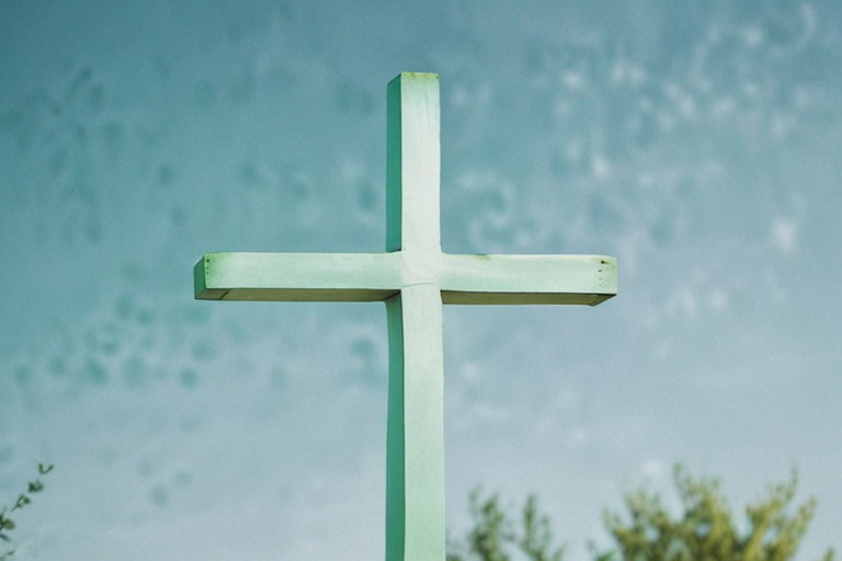 metallic cross seen from aside pale green light blurred nature background