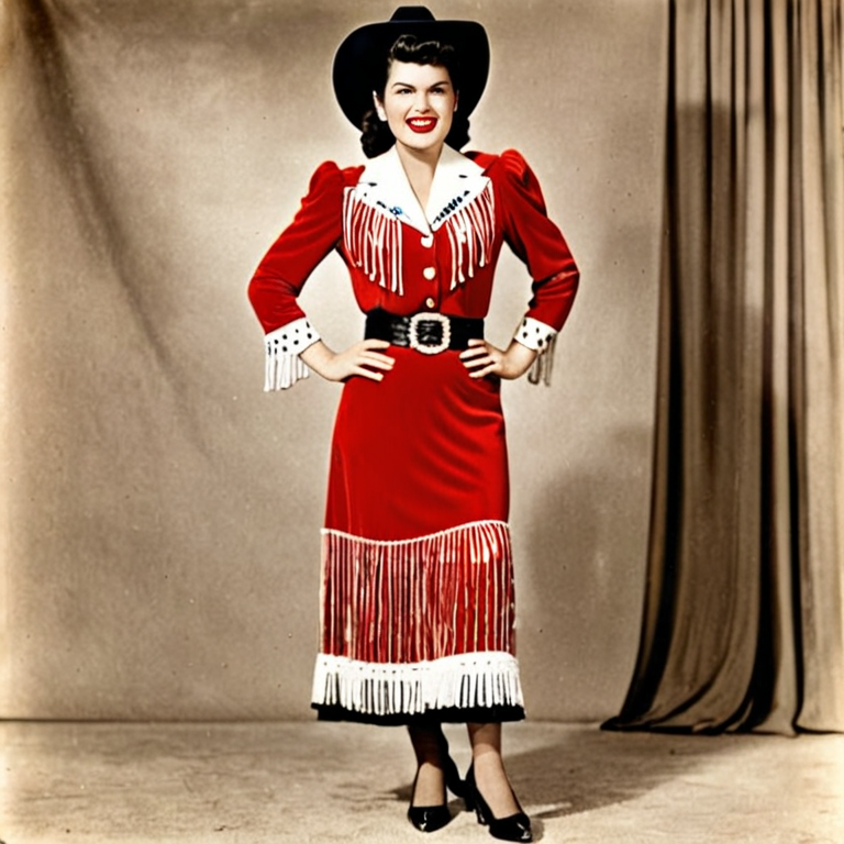 Patsy Cline in red cowgirl outfit with white fringe full body in color