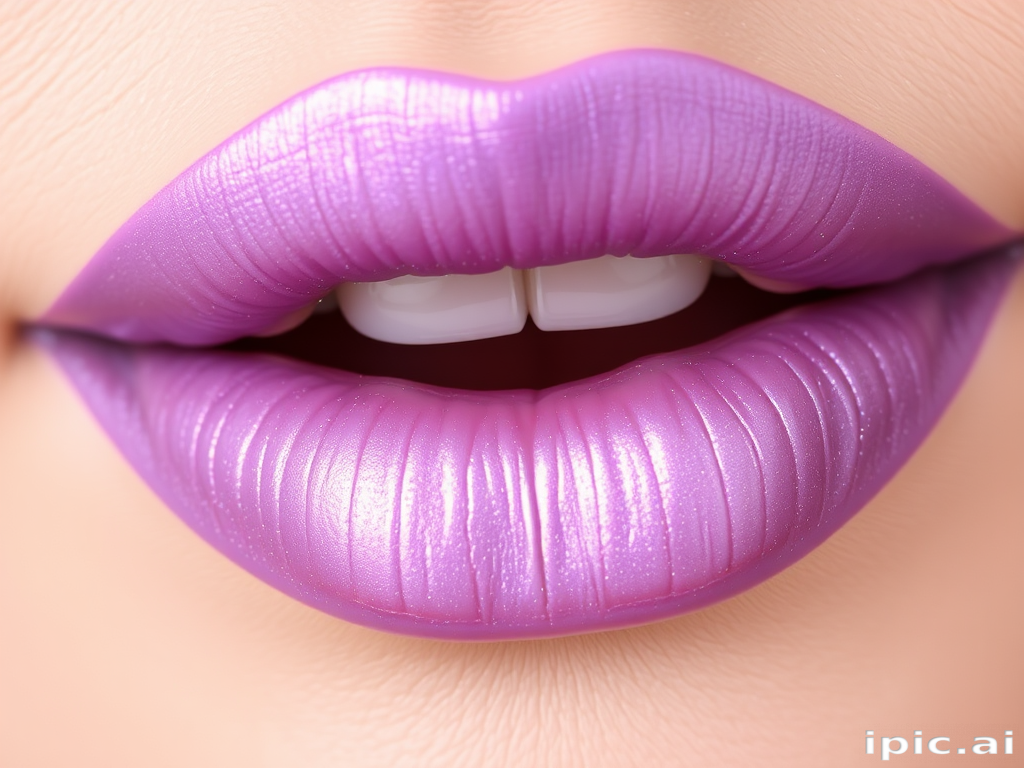 Vibrant Close-Up of Glossy Lavender Lips with Subtle Shimmering Texture