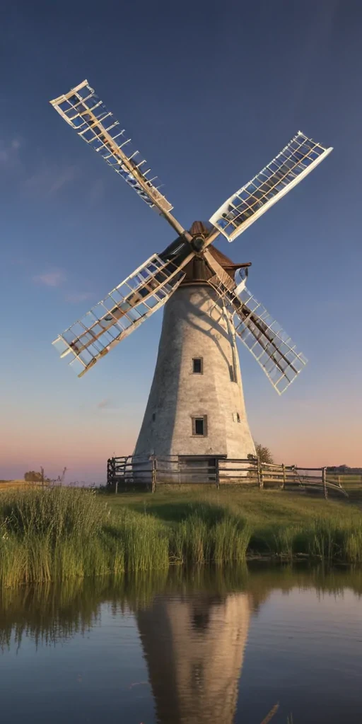 Serene Landscape Featuring a Majestic Windmill Reflected in Still Waters