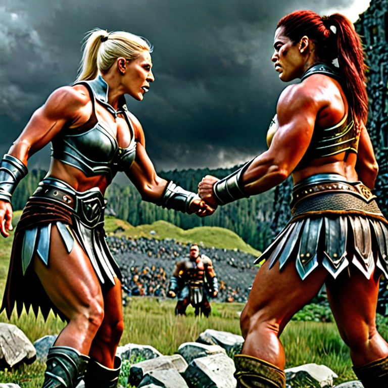 muscular women warrior in peril fighting an orc