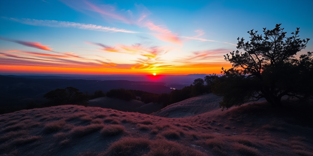 Vibrant Sunset Over Rolling Hills and Softly Lit Landscape Beyond