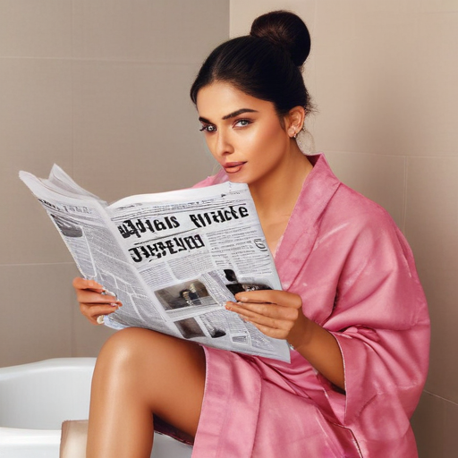 Deepika Padukone in bun hairstyle sitting on toilet reading newspaper