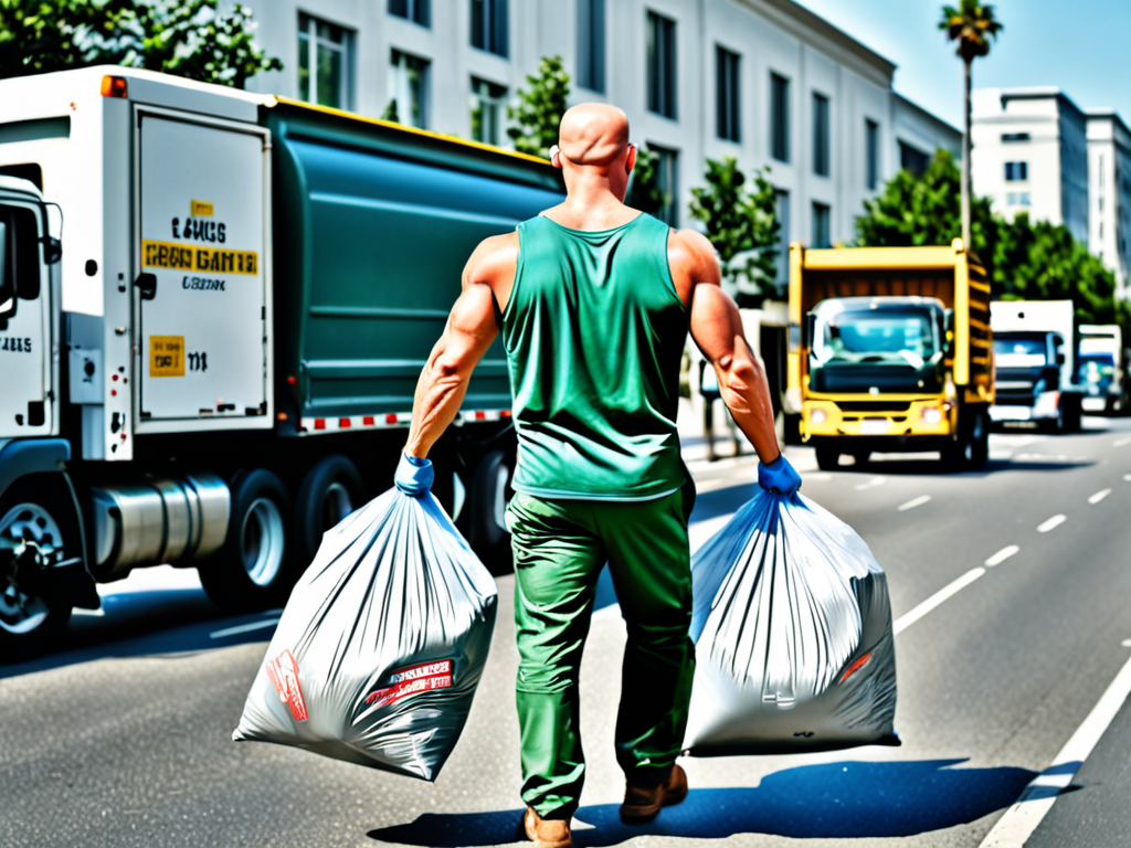 realistic handsome bald muscular garbagemen from behind carrying ...