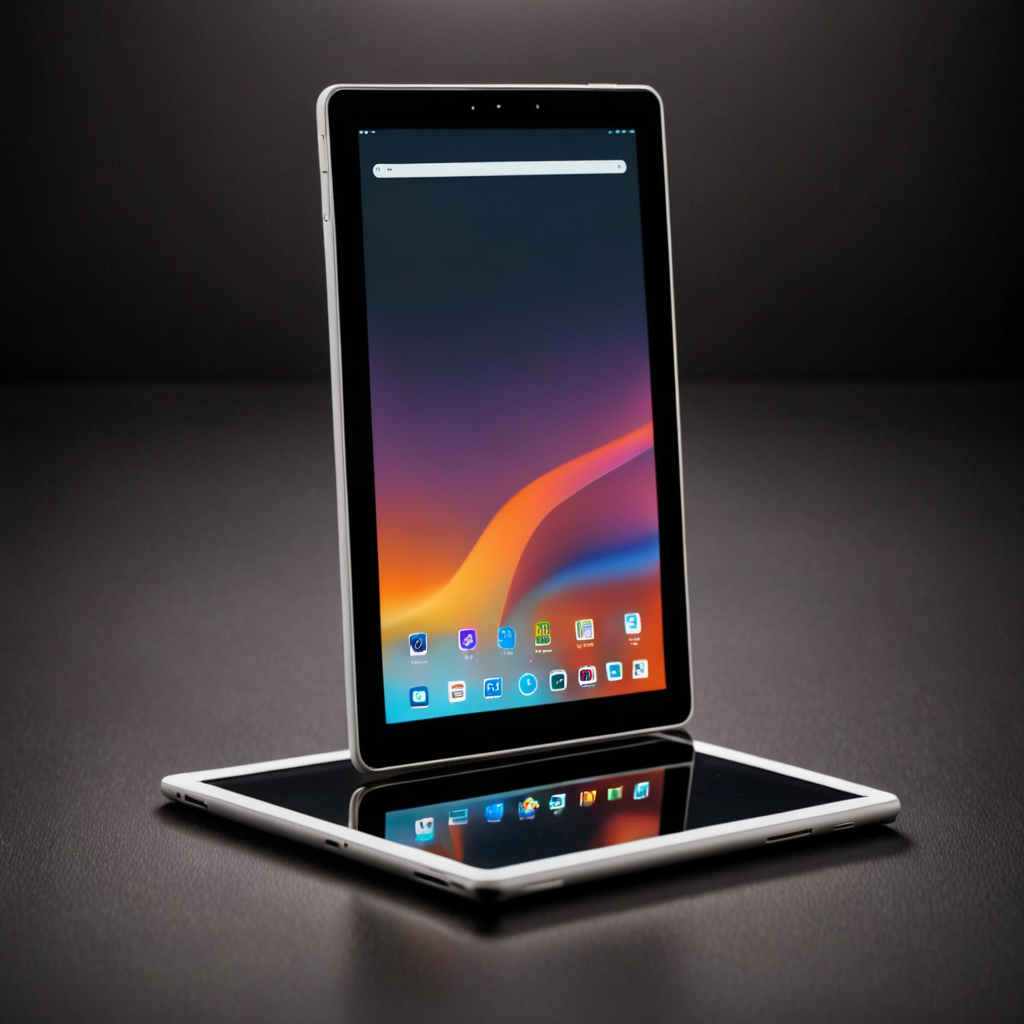 electronic tablet standing vertical direction floating in the air with ...