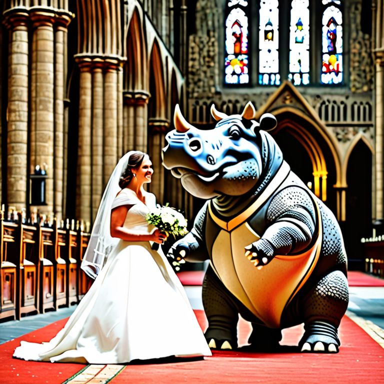 A hippo and a triceratops get married in a medieval cathedral