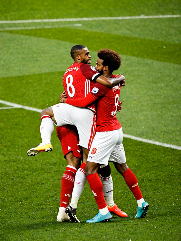 a football player in white hugging another player in red inside a ...