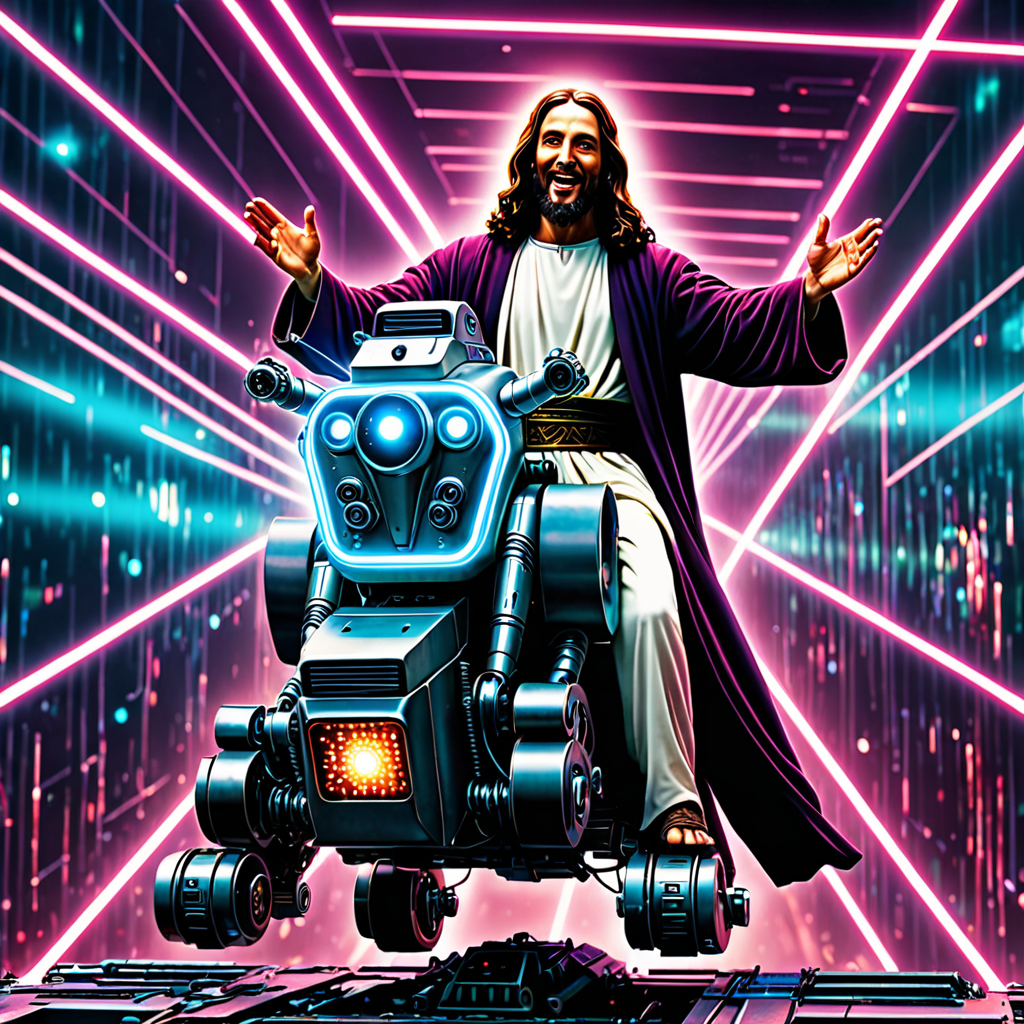 Hyper realistic photo photo of a crazy evil happy jesus riding a ...