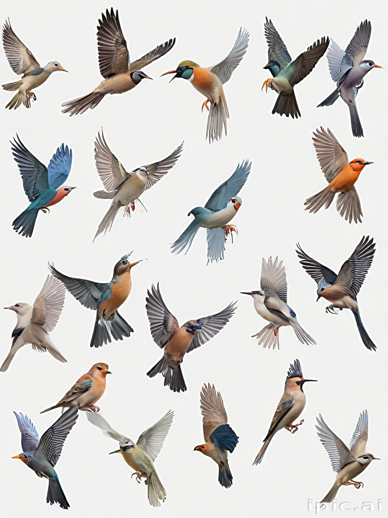 A Colorful Collection of Various Birds in Dynamic Flight Poses.