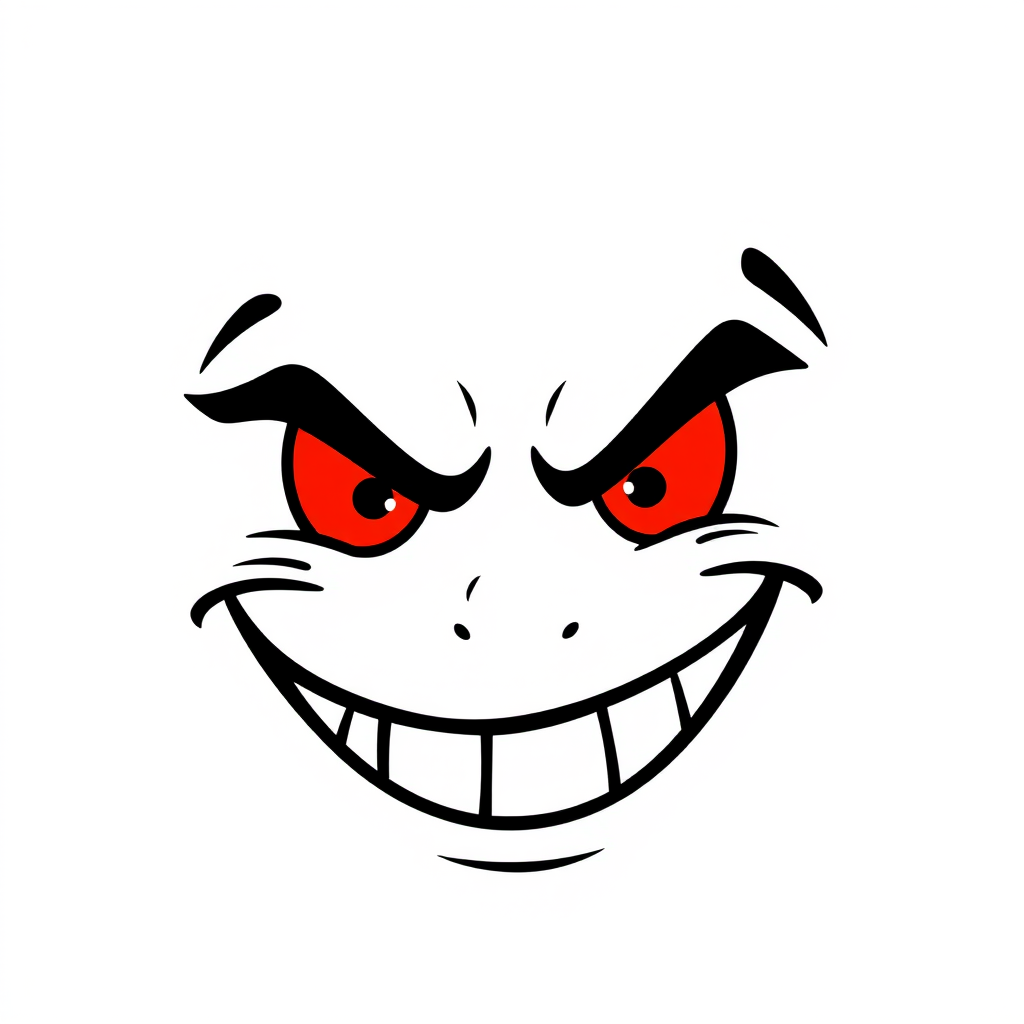 A Mischievous Grinning Face with Sinister Red Eyes and Playful Expression
