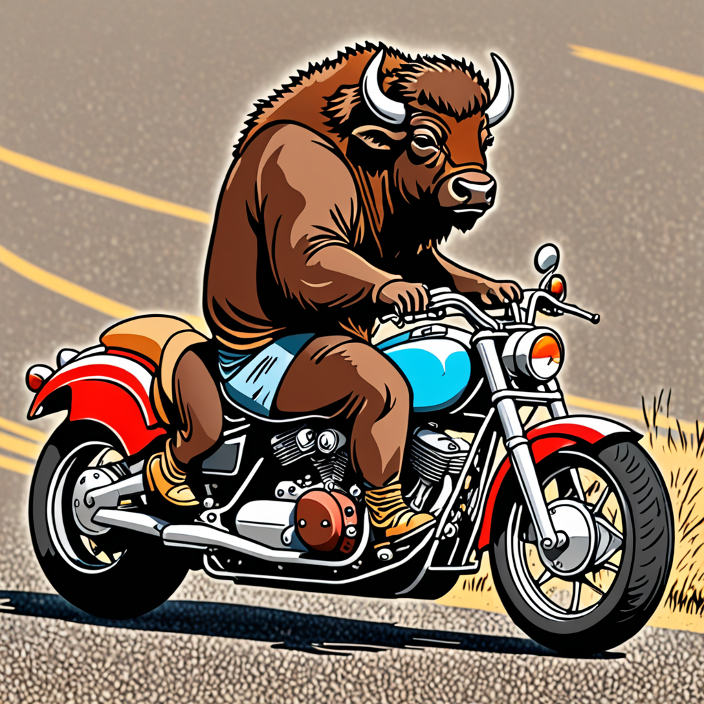 cartoon bison riding a motorcycle back view