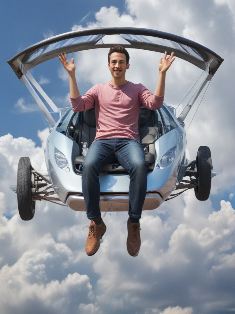 Picture of man sitting in a flying car