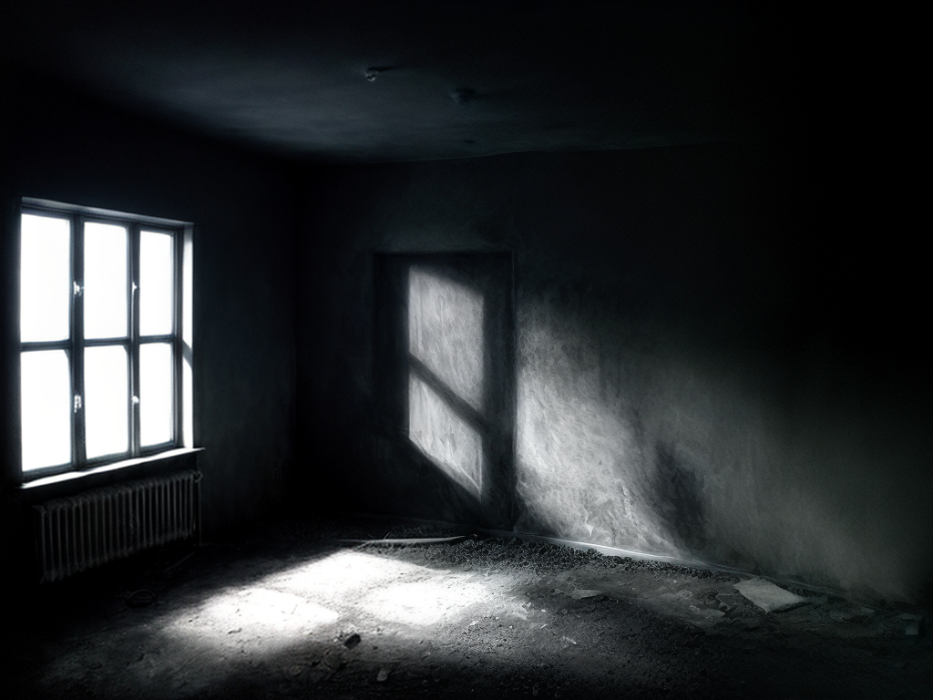 house without light, dark environment, room