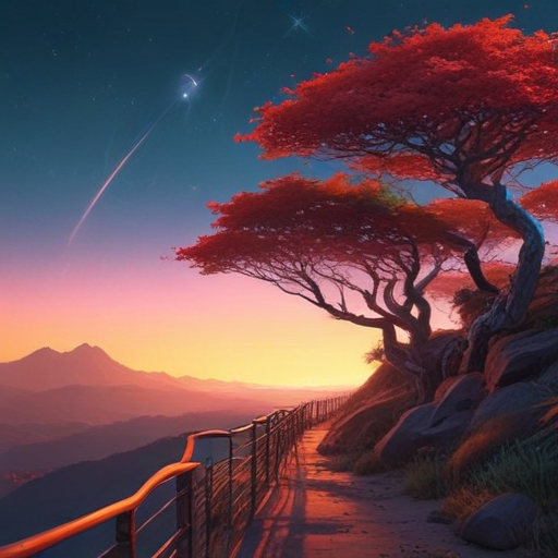Stunning Sunset Overlook with Vibrant Red Trees and Starry Sky
