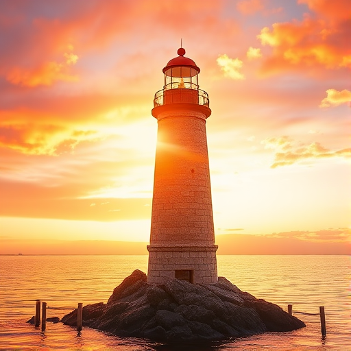 Majestic Lighthouse Standing Tall Against a Vibrant Sunset Over Calm Waters