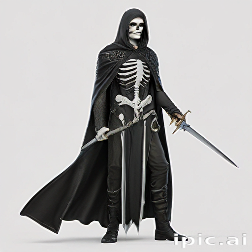 An Imposing Skeleton Warrior in Cloak, Brandishing a Sword and Staff