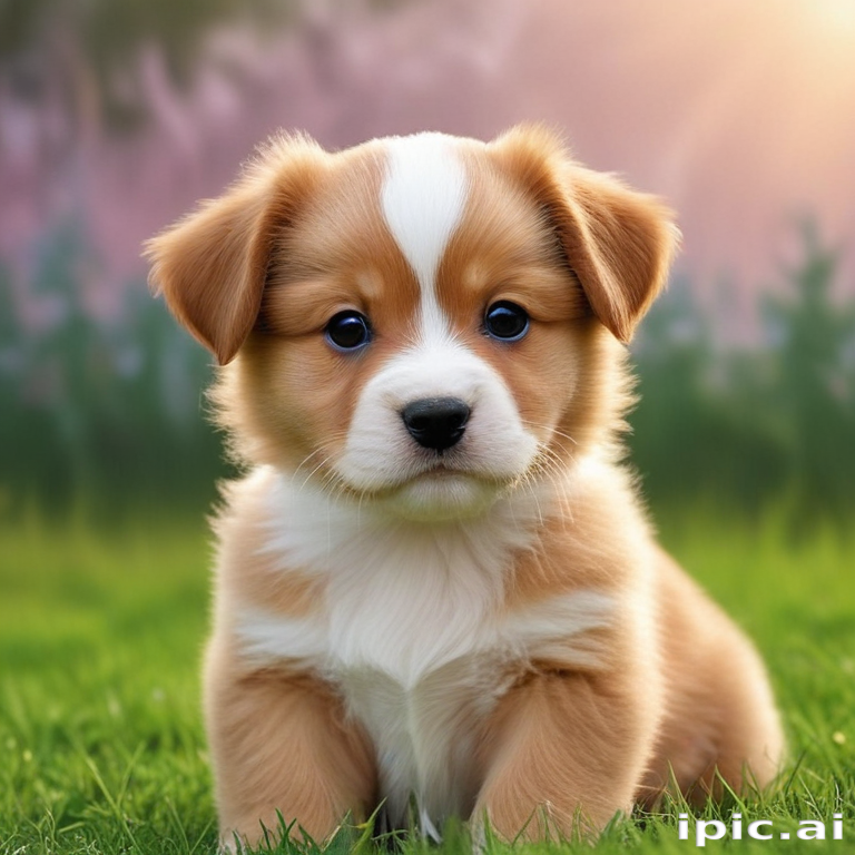 Adorable Puppy with Fluffy Fur Sitting in a Lush Green Meadow