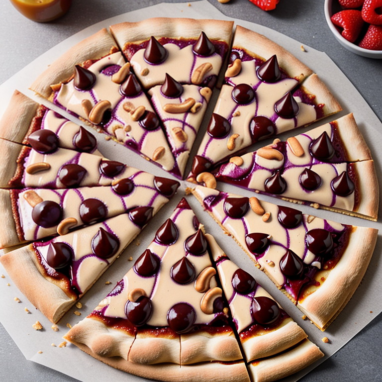 Deliciously Unique Dessert Pizza Topped with Chocolate Chips and Fruit.