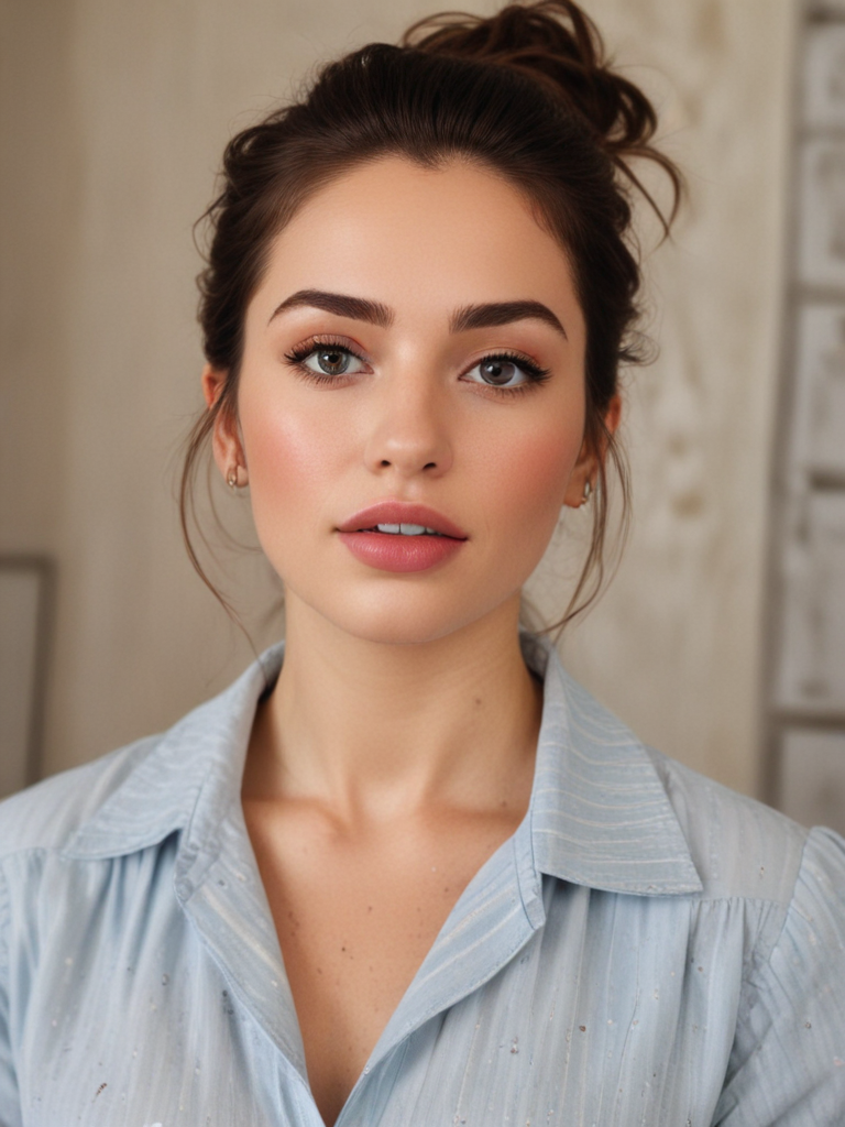 Stunning Portrait of a Young Woman with Natural Makeup and Soft Features.