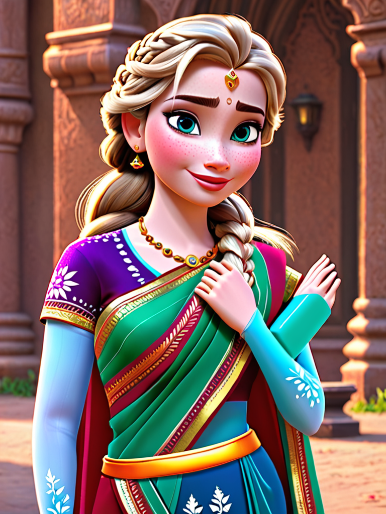 Elsa and Anna together hugs in saree indian 3D Disney