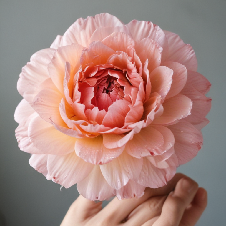 Delicate Pink Flower with Layers of Petals in a Gentle Hand