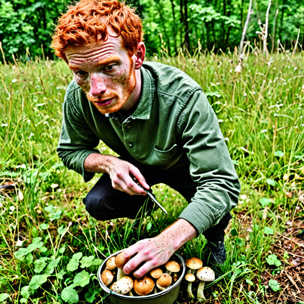 freckled ginger zoomer emo guy picking mushrooms out of a sloppy dung ...