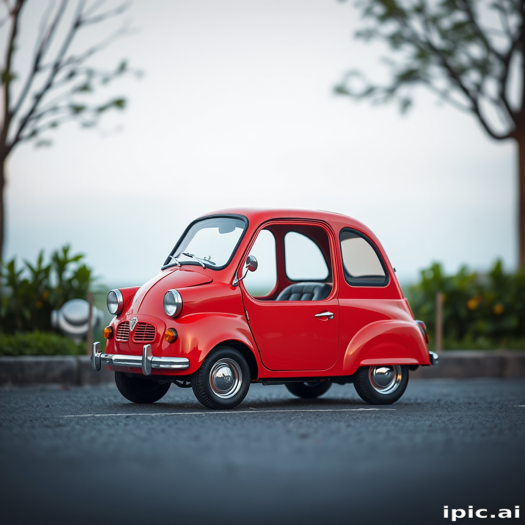 A Charming Vintage Red Microcar Parked in a Scenic Outdoor Setting.