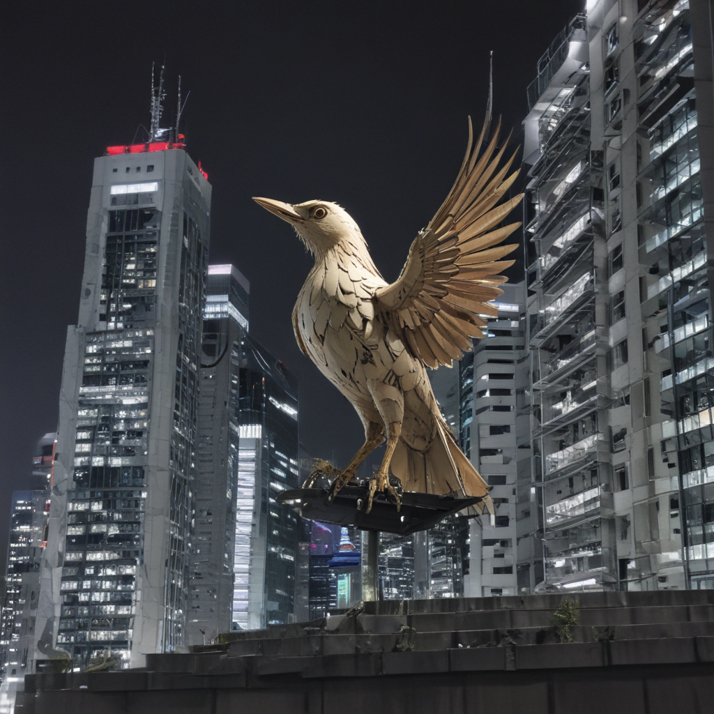 Mechanical bird on top of tokyo building at night