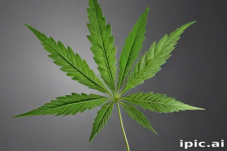Close-Up of a Vibrant Green Cannabis Leaf Against a Gray Background