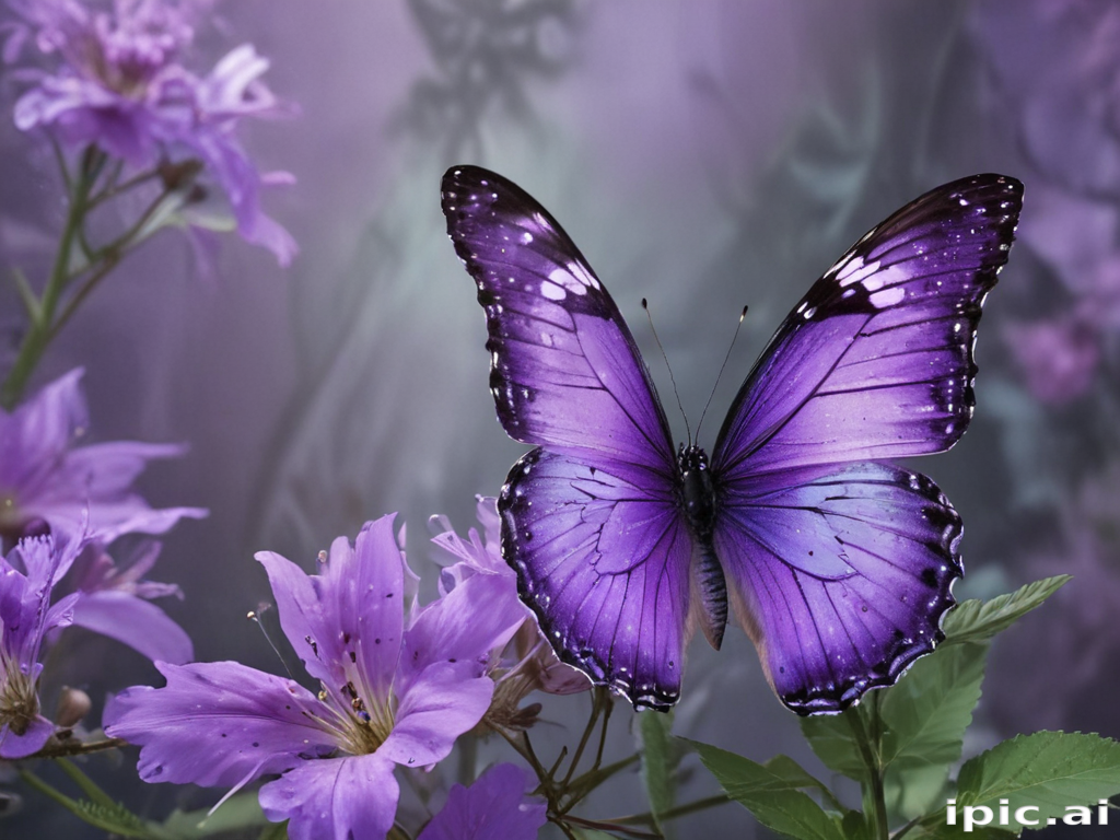 Beautiful Purple Butterfly Resting Among Vibrant Blossoms in a Garden