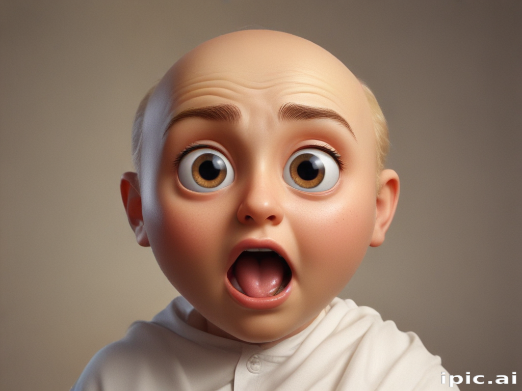 Surprised Baby with Big Eyes and Bald Head Expresses Shock and Wonder