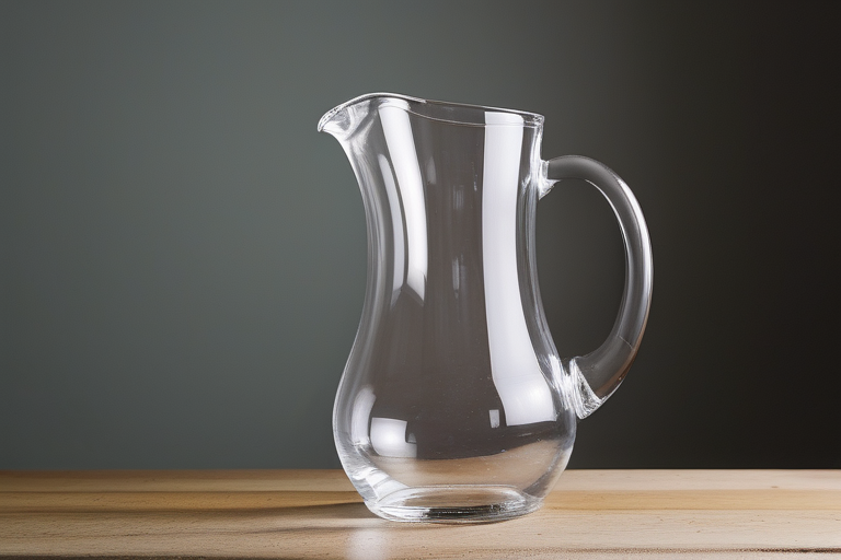 Elegant Glass Pitcher Positioned on a Wooden Surface with Soft Lighting