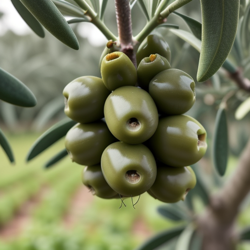 A Close-Up View of Fresh Green Olives on a Branch with Leaves.