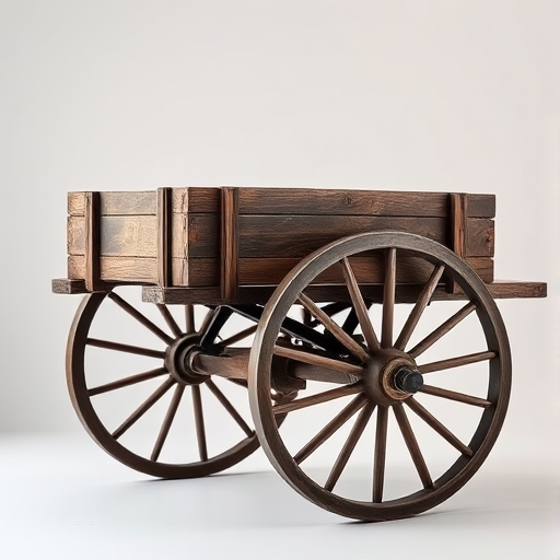 Rustic Wooden Cart with Spoked Wheels Against a Simple Background