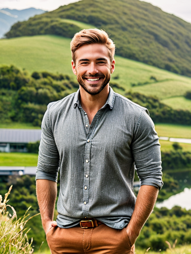 handsome man smiling with landscape in the background