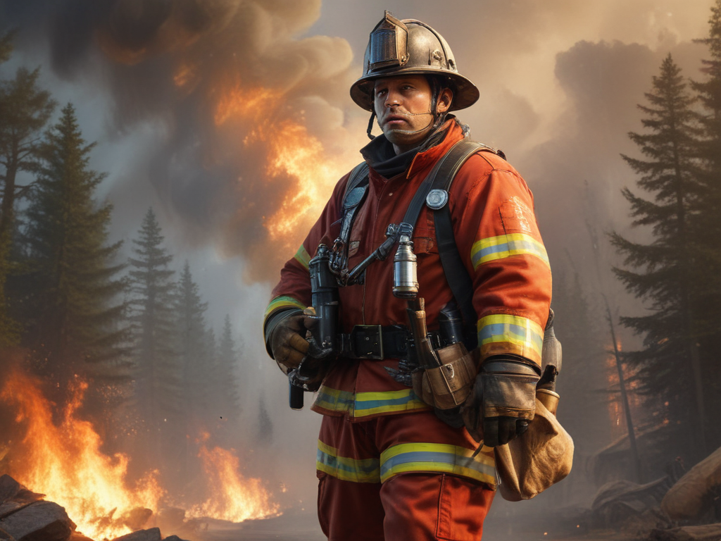 Brave Firefighter Standing Strong Amidst a Raging Forest Fire Blaze