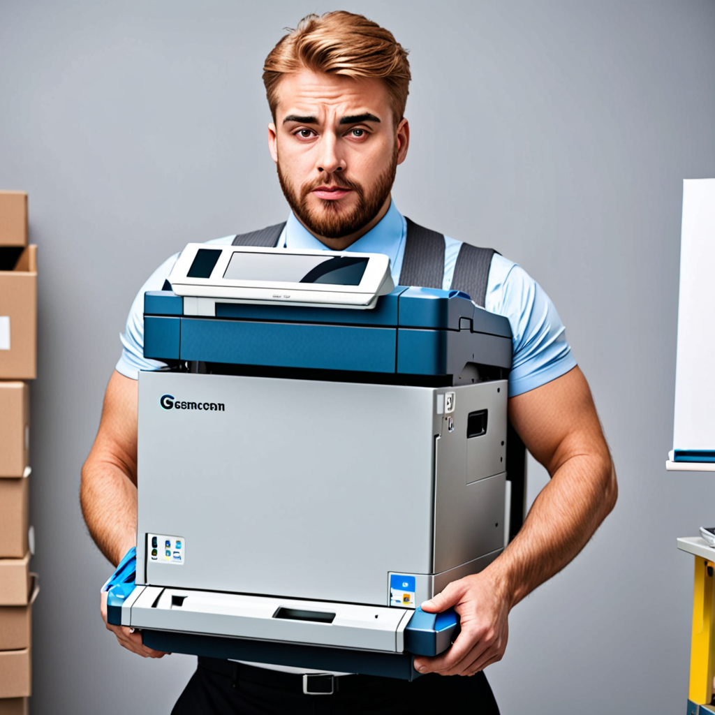 carrying a heavy printer with a suffering face