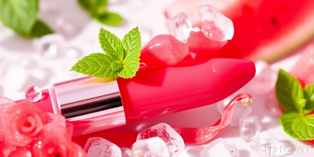 Vibrant Pink Lipstick Surrounded by Fresh Mint, Watermelon, and Ice Cubes