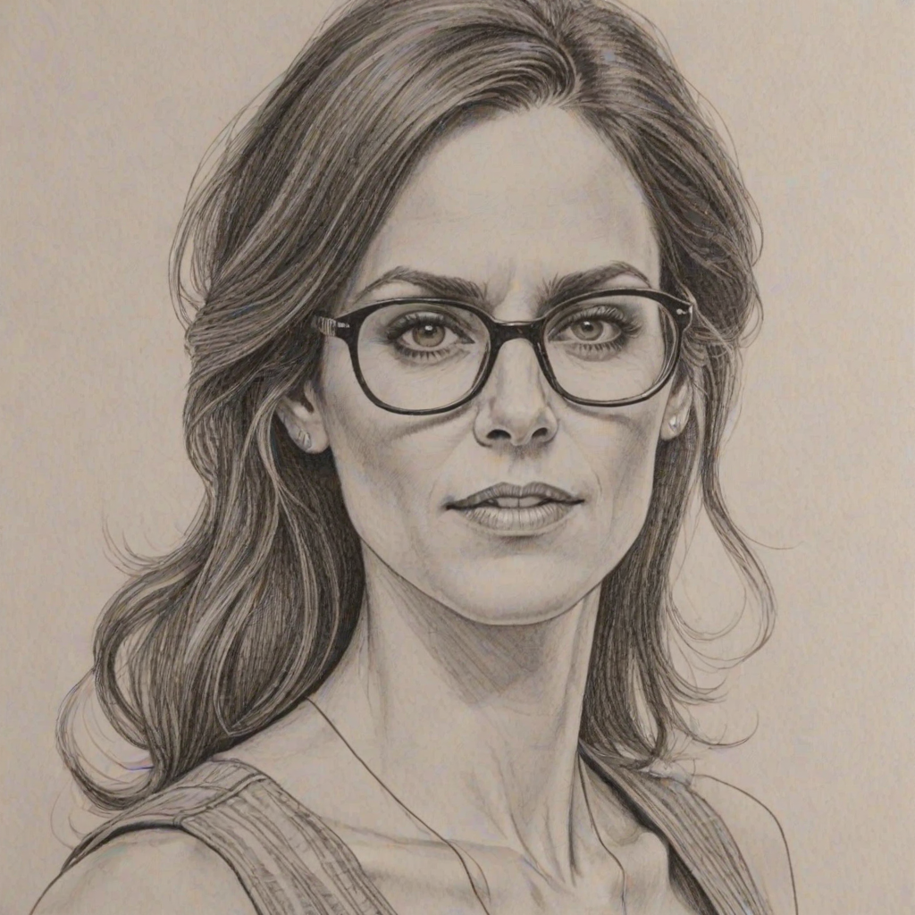 Intricate Pencil Sketch of a Thoughtful Woman with Glasses and Long Hair