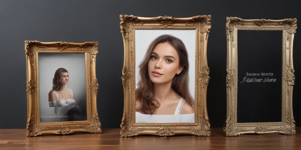 Elegant Portraits Displayed in Ornate Frames on a Wooden Table