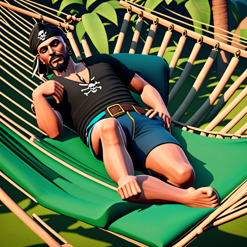 a lazy pirate named "Thomas" sleeping on a hammock based on sea of thieves