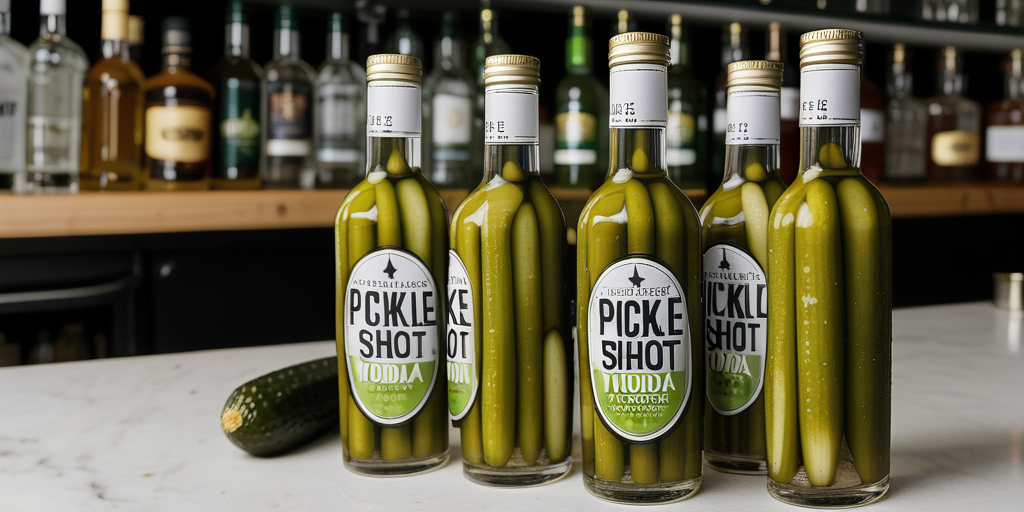 Five Bottles of Pickle Shot Vodka Featuring Whole Pickles in Brine