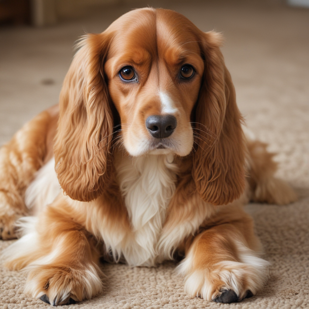 A Beautiful Cocker Spaniel Relaxing Comfortably on a Cozy Carpet.