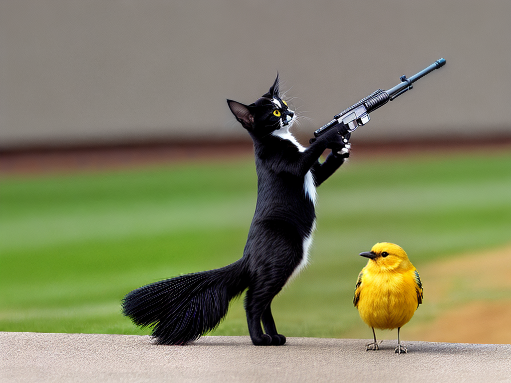 Cat pointing gun at a yellow bird