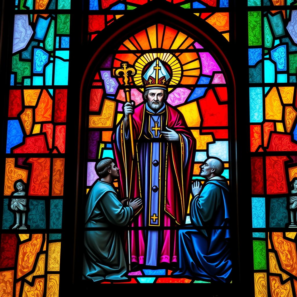 Vibrant Stained Glass Depicting a King with Two Devoted Followers