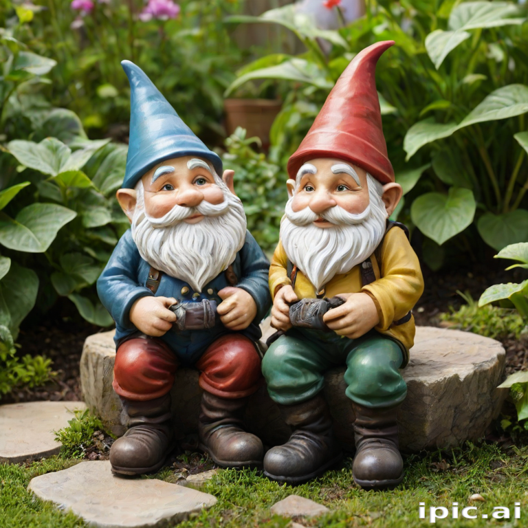 Two Cheerful Garden Gnomes Sitting Together on a Stone in Nature