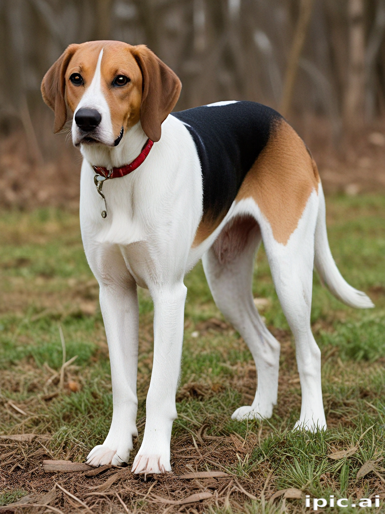 A Playful Hound Dog Standing Proudly in a Lush Green Park.