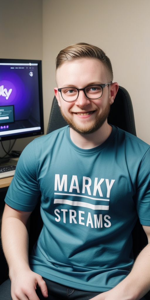 Smiling Content Creator in Casual Attire with Gaming Setup Behind Him