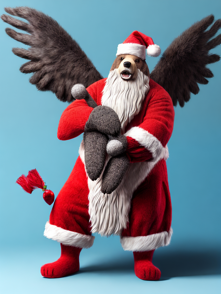 Realistic bear with wings and santa head